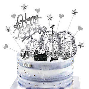 23PCS Disco Ball Cake Toppers 70's Disco Theme Cake Decoration Set with DJ Bling Silver Mirror Balls Centerpiece and Mini Microphone Radio Toy Decor for Women Men 1970s Dance Birthday Party Supplies