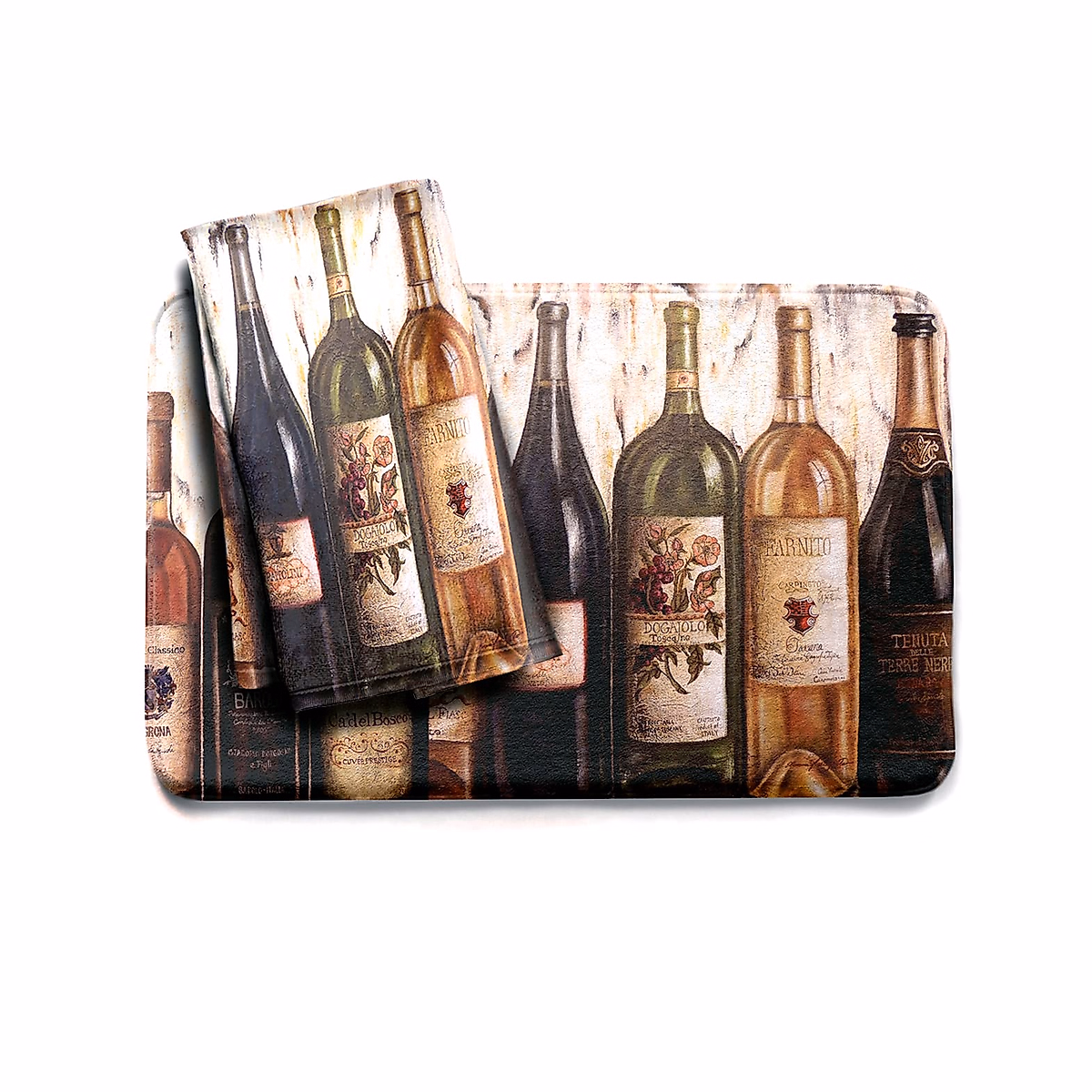 Italian Wine Kitchen Mat & Hand Towel Set (2-Piece Set) - Fine Art Print Kitchen Floor Mat - Microfiber Polyester Decorative Kitchen Towels - Soft Flannel Top, Memory Foam Machine Washable Kitchen Set