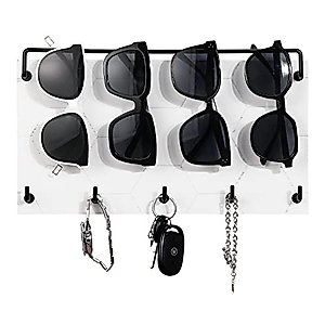 Emibele Sunglass Organizer Wall Key Holder, Decorative Wood Wall Jewelry Organizer Glasses and Sunglass Holder Display with 5 Hooks Key Rack Hanging Eyeglass Storage for Entryway Living Room, White