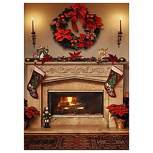 Funnytree 5x7ft Winter Christmas Fireplace Photography Backdrop Interior Vintage Xmas Stockings Background Portrait Photobooth Banner Party Decorations Photo Studio Props