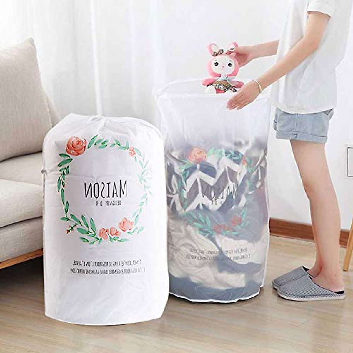 Yosoo Quilt Storage Bag, Cylindrical Large Capacity Clothes Pillow Blanket Storage Bags Reusable Drawstring Packing Bag for Comforters Blankets Bedding (15.7x15.7x31.5in)(3#Flower)