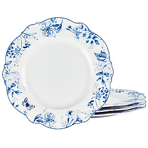 fanquare Vintage 11 Inch Porcelain Dinner Plates Set of 4, Blue Floral Ceramic Serving Plates, Microwavable Plates