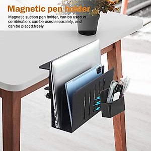 LUKETURE Desk Side Storage, Under Desk Laptop Holder, 2 Tier Steel Hanging Desk Storage, No Drill Under Desk Organizer, with Pen Holder, Hanging Desk Storage for Office and Home (Black 2 Tier)