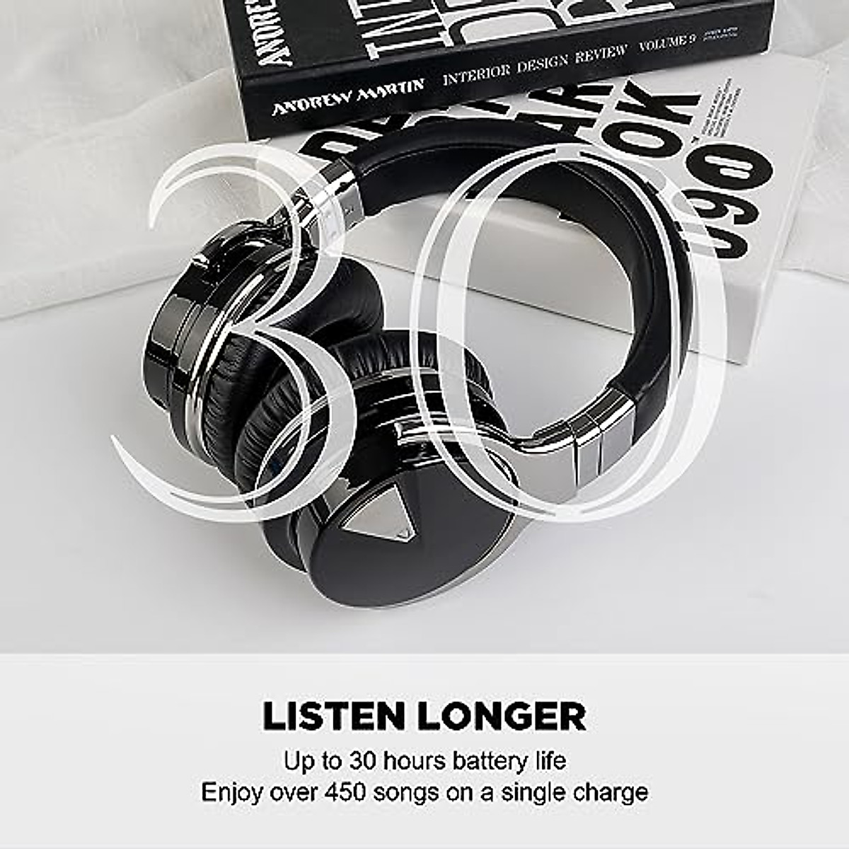 Active Noise Cancelling Headphones Bluetooth Headphones Wireless Headphones with Microphone Over Ear with Deep Bass, Comfortable, for Travel/Home/Office, 30 Hours Playtime, Black