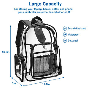 ProCase Heavy Duty Clear Backpack, See Through Backpacks Transparent Clear Large Bookbag for School Work Stadium Security Travel Sporting Events -Clear