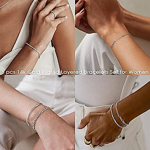 adoyi Dainty Sterling Silver Chain Bracelets Set for Women Girls White Gold Plated Layered Link Chain Bangle Bracelets Pack for Women Adjustable Stackable beaded Bracelets Jewelry Gifts