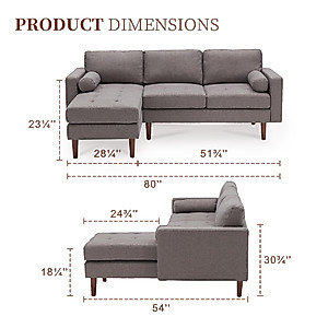 Kingfun 80" W L Shaped Sofa Couch with Reversible Chaise, 3 Seat Couch with Wide Chaise Lounge & Two Pillows, Mid-Century Modern Couch for Living Room, Convertible Sofa with Tufted Seat Cushion, Gray