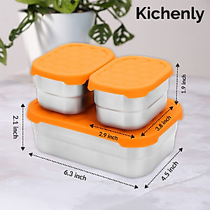 Kichenly Stainless Steel Lunch Box Containers with Silicone Lids – One 25oz and Two 8oz Containers Set – Lunch Box for Kids, Toddler Snack Containers – Perfect for School (Orange)