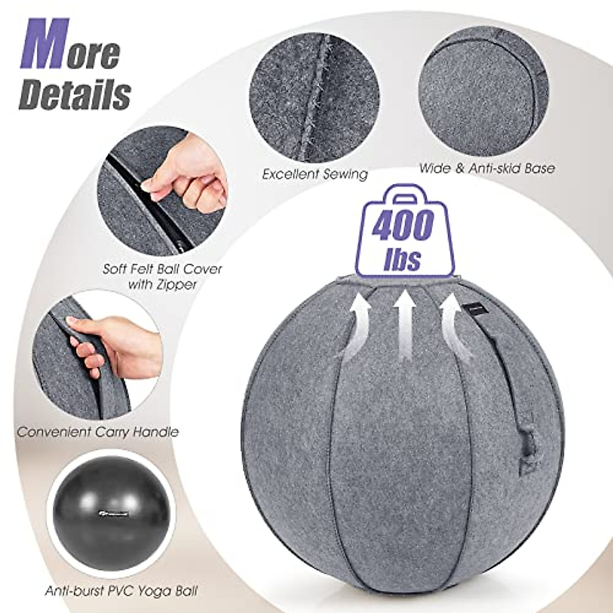 Goplus Yoga Ball Chair, 25.5 Inch Exercise Ball with Cover & Resistance Bands & Handles & Pump for Pilates Stability Balance Training, Ergonomic Posture Ball Sitting Chairs for Office Home(Grey)