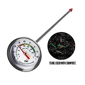 Compost Thermometer Stainless Steel Dial - Ideal Composting Soil Thermometer with 50MM Diameter C and F Dial and 295MM Compost Temperature Gauge Probe