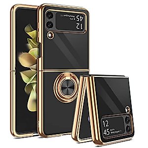 BENTOBEN Galaxy Z Flip 3 Case 5G with 360° Ring Holder, Shockproof Slim Kickstand Magnetic Support Car Mount Women Men Non-Slip Protective Phone Case for Samsung Galaxy Z Flip 3, Black/Gold