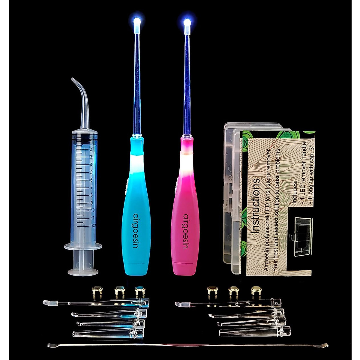 Airgoesin Upgraded 2 Lighted Tonsil Stone Remove Tool Tonsillolith Pick + Irrigation Clean Syringe Fresh Breath Oral Rinse