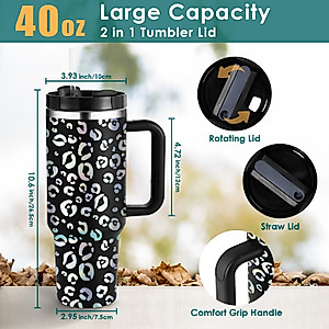 PIMDIR 40oz Leopard Tumbler with Handle Straw Lid, Stainless Steel Vacuum Insulated Reusable Travel Mug Keep Drinks Cold Ice Gym Cup, Gifts for Women Lovers, Car Holder Friendly, Black