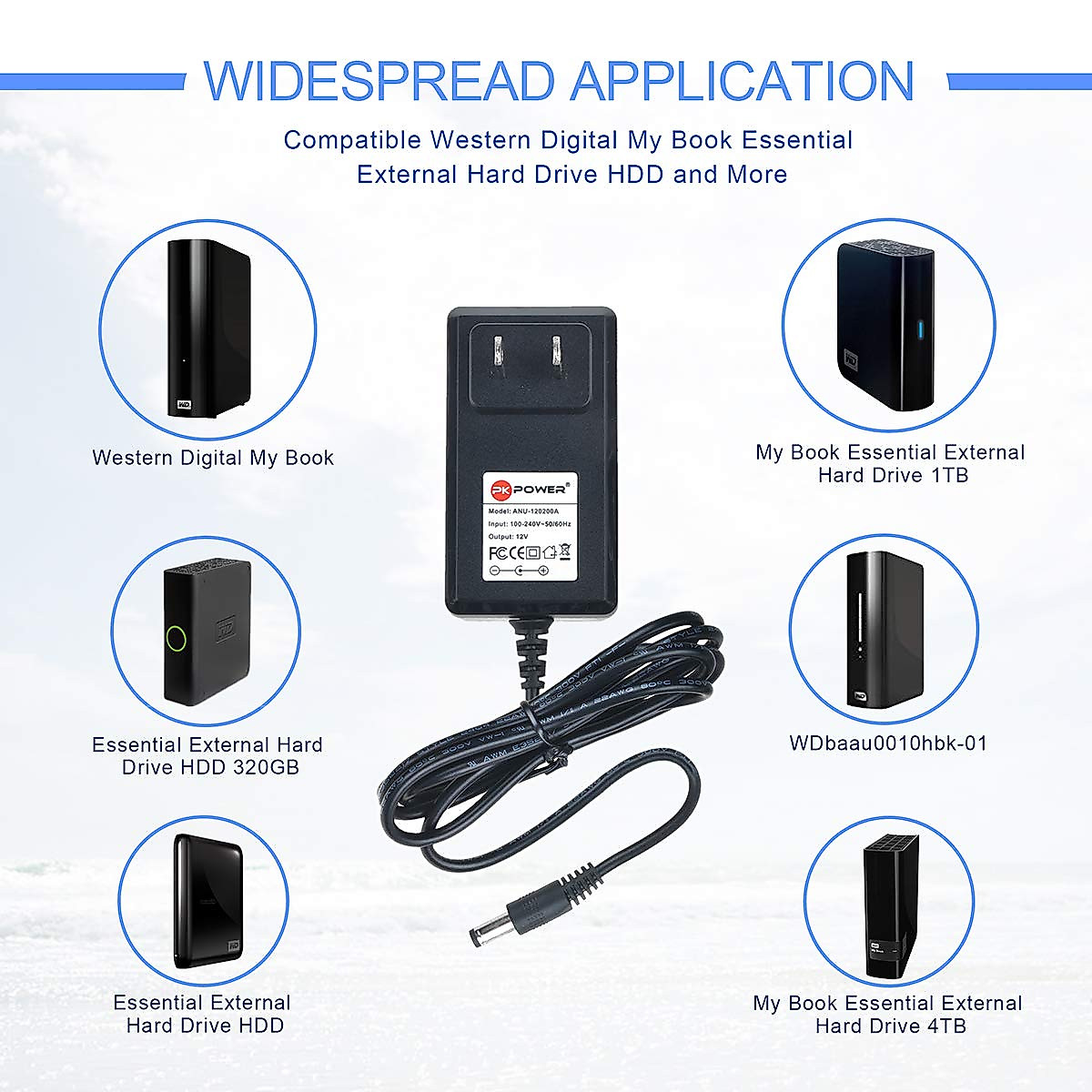 PK Power 12V AC Adapter for Hard Drive HDD 2TB 4TB 1TB 3TB My Book Essential External and More with 6.6FT Power Supply Cord