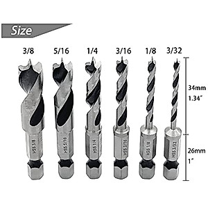 Saipe 6pcs 1/4" Quick Change Hex Shank Wood Brad Point Stubby Short Drill Bit Set HSS 4241 Woodworking Drill for Right Angle Drill and Used in Tight Spaces