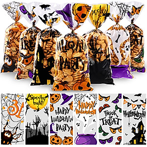 Vellibring 120 PCS Halloween Cellophane Treat Bags, Clear Plastic Halloween Candy Bags Trick or Treat Goodie Bags with 150 PCS Twists Ties for Halloween Snacks Cookies Packing Party Favors