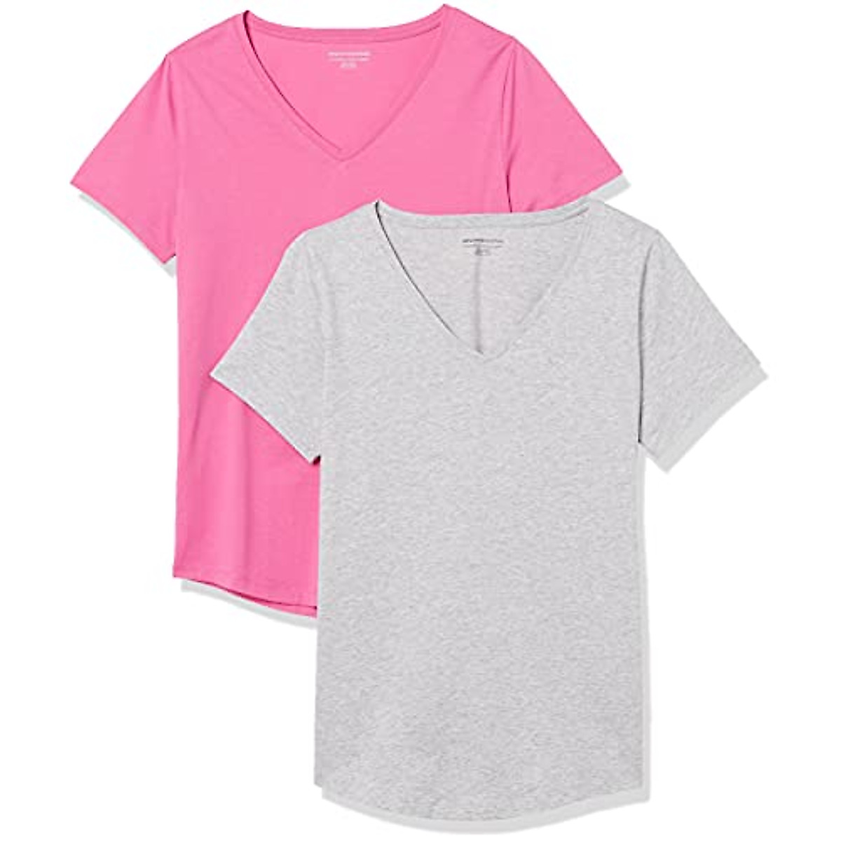 Amazon Essentials Women's Classic-Fit 100% Cotton Short-Sleeve V-Neck T-Shirt (Available in Plus Size), Pack of 2, Light Grey Heather/Bright Pink, Large