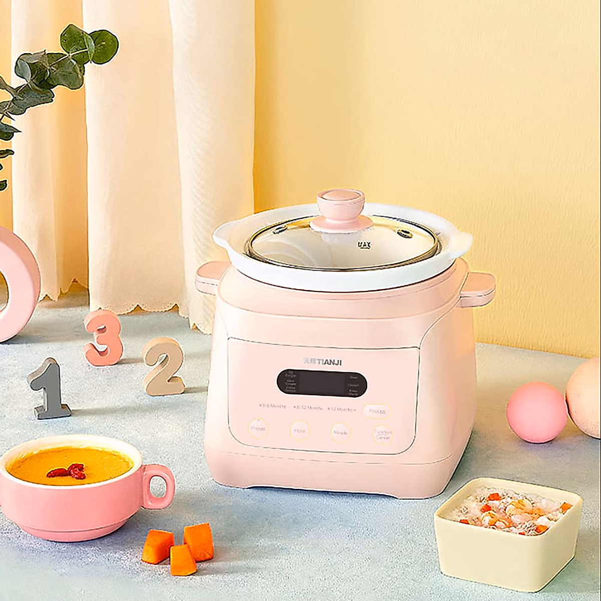 TIANJI Electric Stew Pot for Baby, Ceramic Slow Cooker for Congee & Soup with Growth Stage, 1.3L, Pink