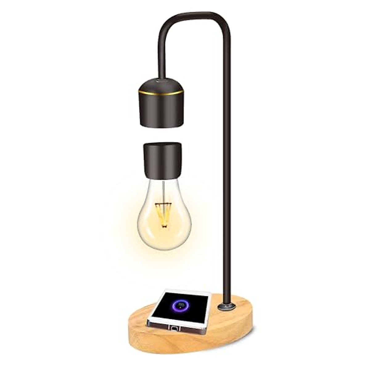Floatidea Magnetic Levitating Light Bulb Levitation Real Wood Black Floating Desk Lamp LED Night Lights with Luxury Wireless Charging Pad (Apple/Android) for Christmas Gift