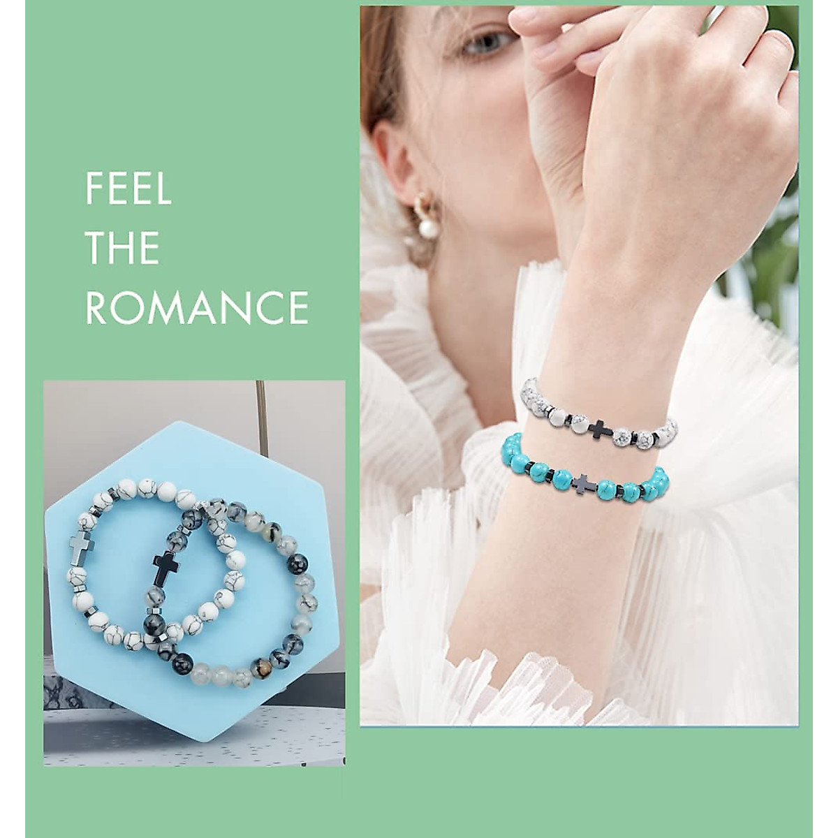 Jewdreamer 12Pcs 8MM Cross Beads Bracelet for Men Women Lava Rock Gemstone Bracelet Tiger Eye Stone Howlite Crystal Stretch Bracelet Set