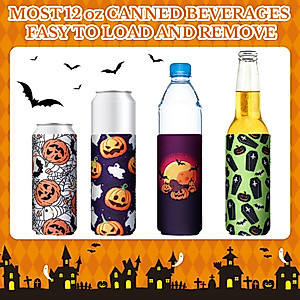 Pickmesh 16Pcs Halloween Slim Can Cooler Sleeves 12oz Skinny Halloween Can Cover Tall Neoprene Can Holder Pumpkin Bat Ghost Insulated Drink Cover for Beverage Can Bottle Adult Halloween Party Favors