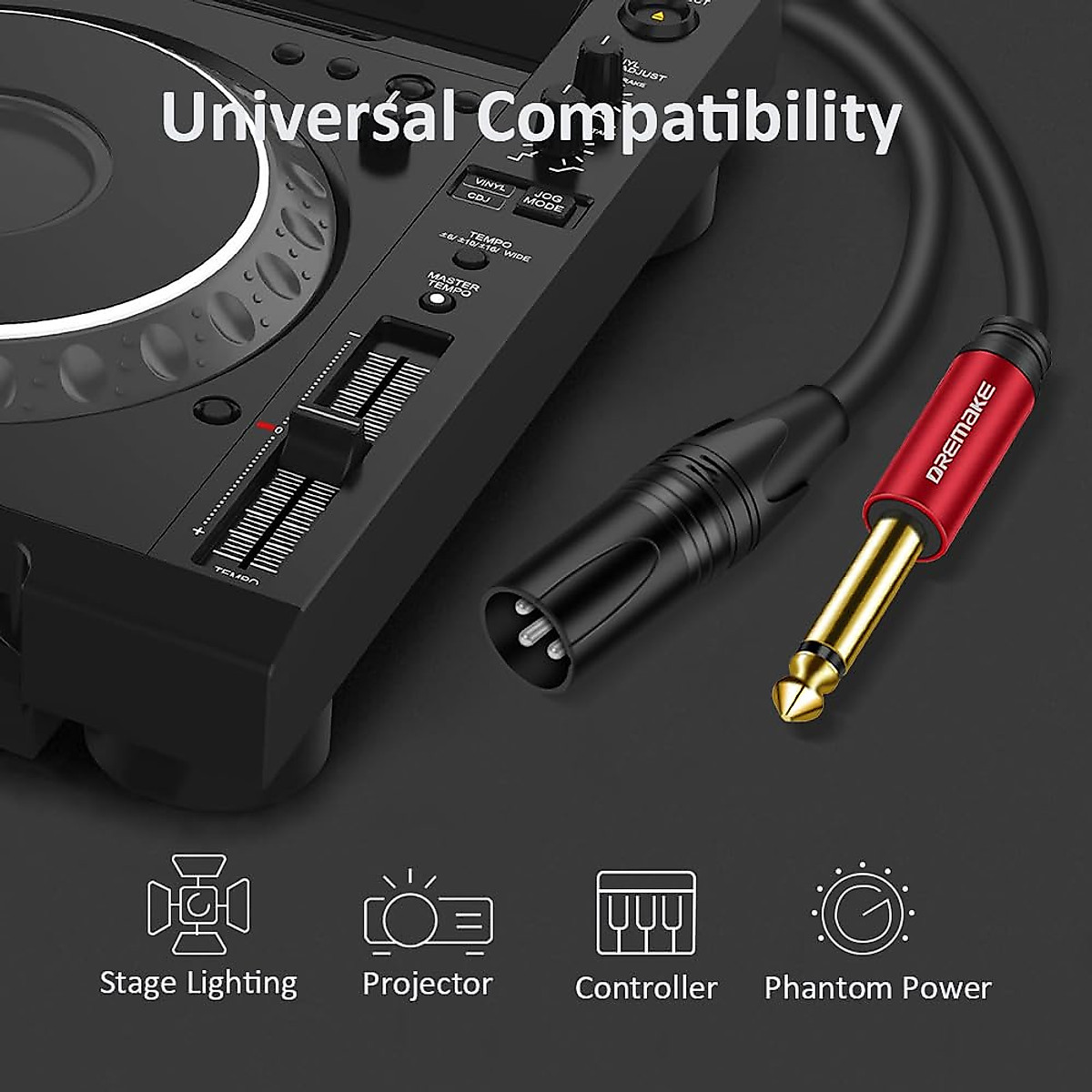 DREMAKE 3-Pin XLR to TS 1/4 (6.35mm) Mono Jack Unbalanced Microphone Interconnect Cable, Quarter Inch Male to XLR Male Mic Audio Cord for Mixing Boards, Studio Harmonizers - Red/10M