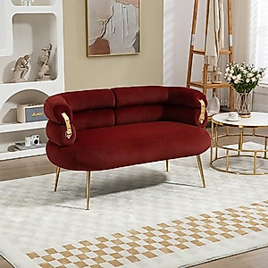 Lunanniu Velvet Loveseat Compact Gold Legs Golden Accent Clasps Comfy Love Seat Contemporary Small Accent Couch Arm Chair Modern for Living Room Bedroom for Small Space Wine Red