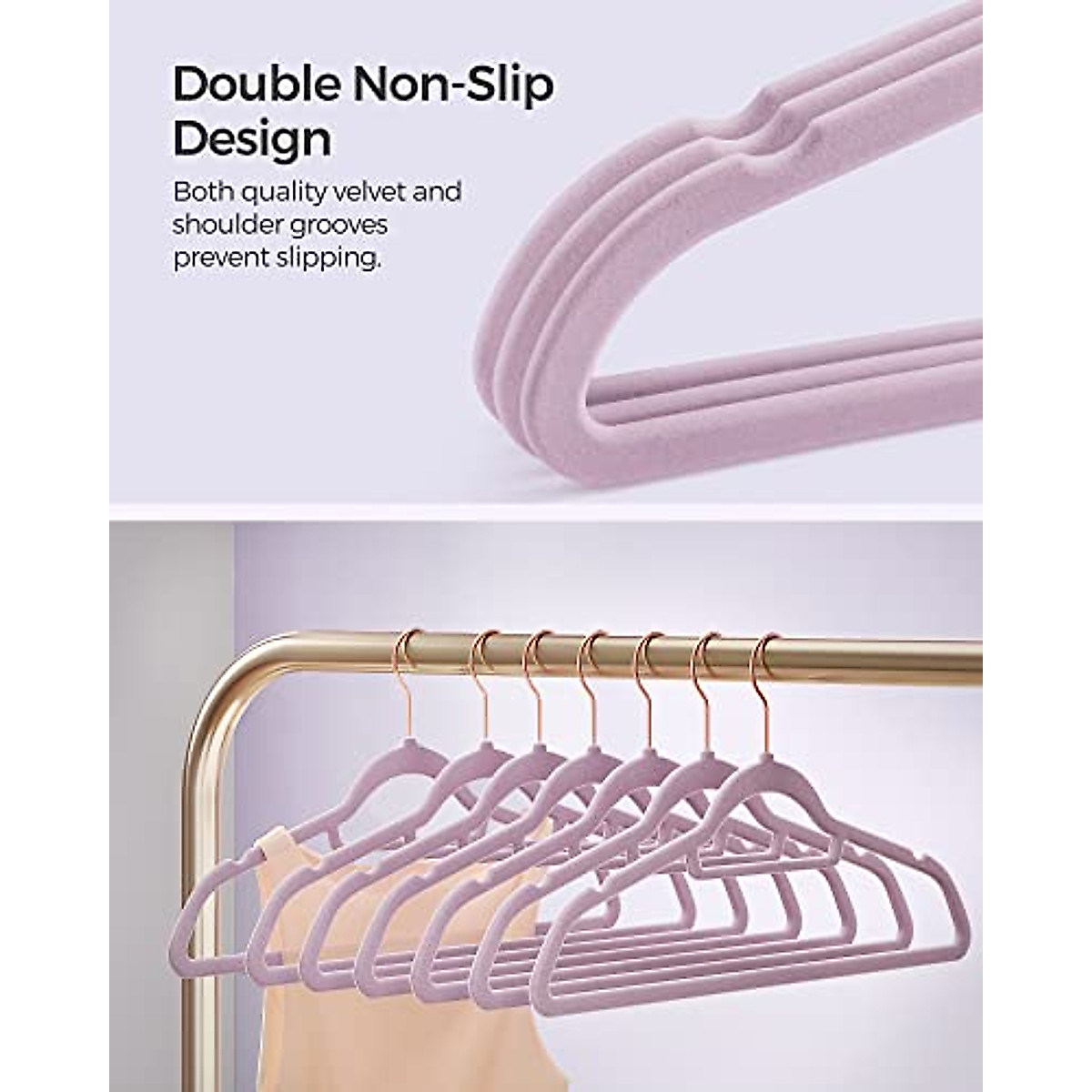 SONGMICS Velvet Hangers Bundle, Set of 50 with Set of 50, Clothes Hanger with Rose Gold Swivel Hook, Non-Slip, and Space-Saving, 0.2-Inch Thick, Pale Purple and Light Pink, UCRF021GP50 and UCRF21PK50