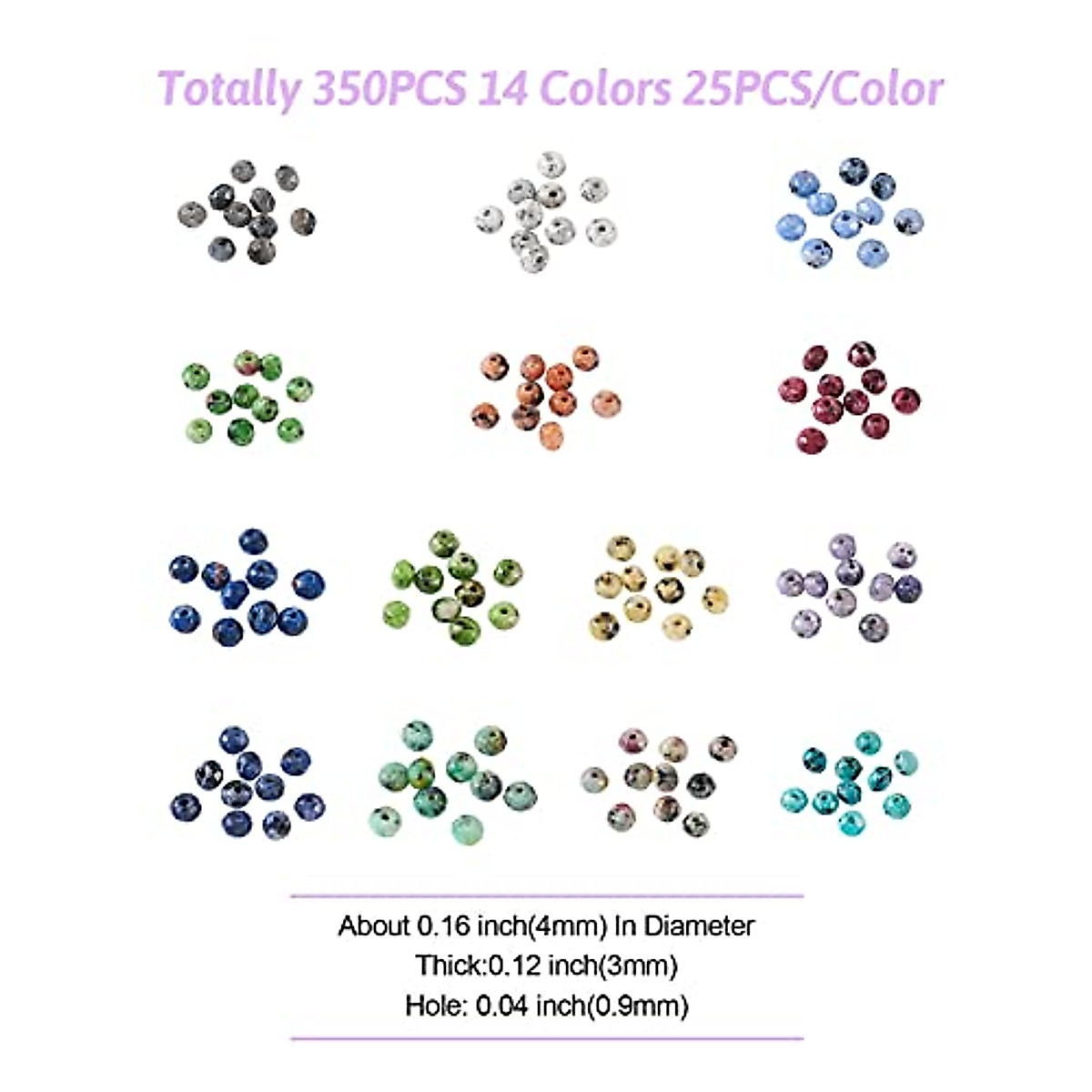 Fashewelry 350 PCS Multi-Color Natural Stone Beads 4mm Tiny Faceted Rondelle Sesame Jasper Energy Healing Gemstone Beads Crystal Chakra Loose Beads for Necklace Bracelet Earring Jewelry Making