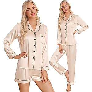 SWOMOG Womens 3 PCS Pajamas Set Silk Satin Long Sleeve Sleepwear Button Down Loungewear Pjs Nightwear Champagne - 3 PCS Small