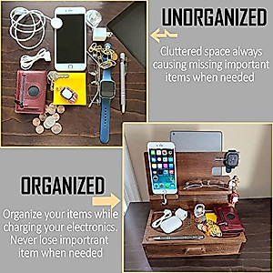 Kayjax Wood Phone Docking Station for Men & Women with Drawer -Mens Organizer Station -Docking Station for Dad -Husbands Anniversary & Birthday Gifts -Organizers for Watch, Wallet, Keys, Cellphone