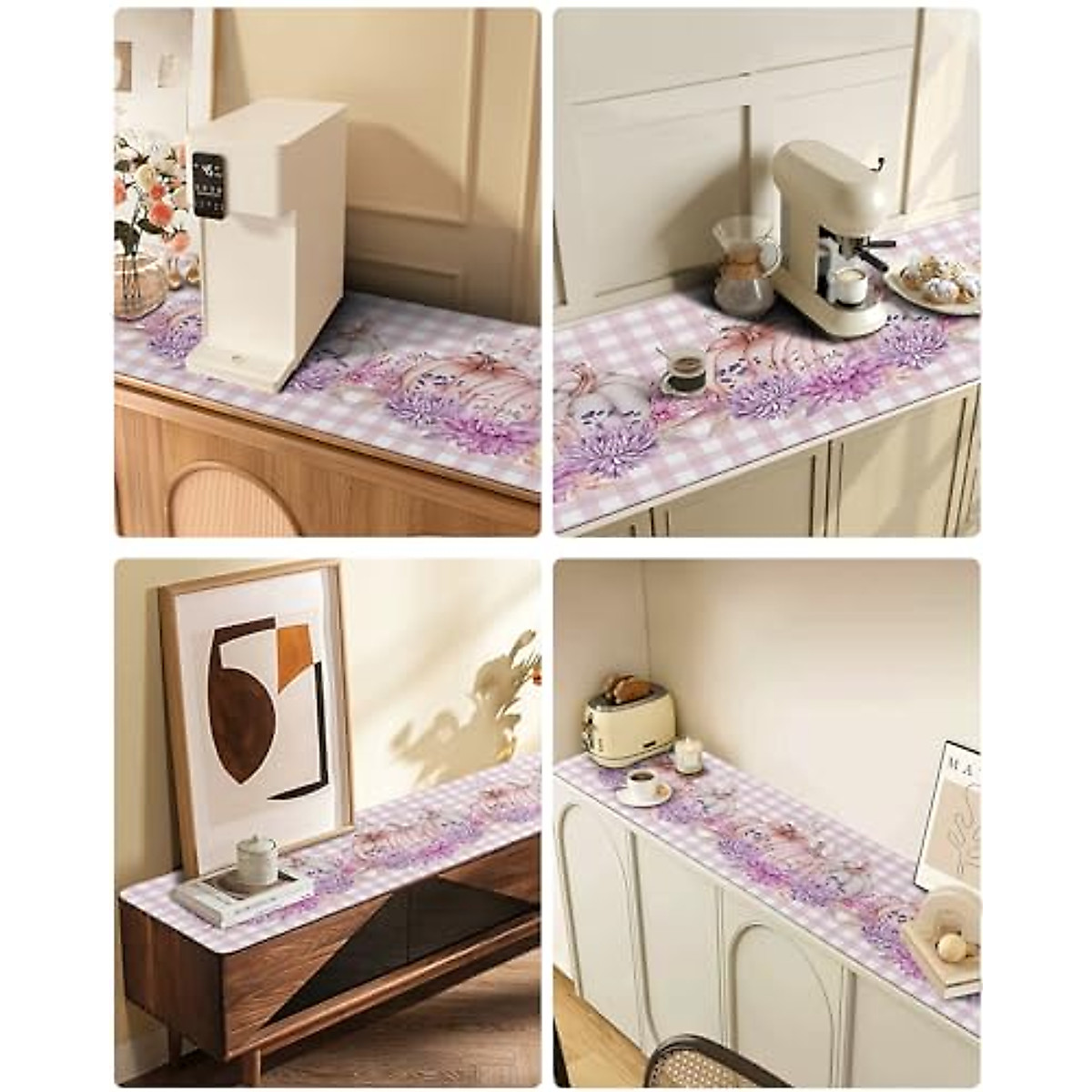 Heat Resistant Mats for Countertop, Hello Autumn Thanksgiving Pumpkins Pink Plaid Waterproof Non-Slip Mats Kitchen Counter Protector, Rolled Up Kitchen Counter Mat for Air Fryer, Oven, Microwave