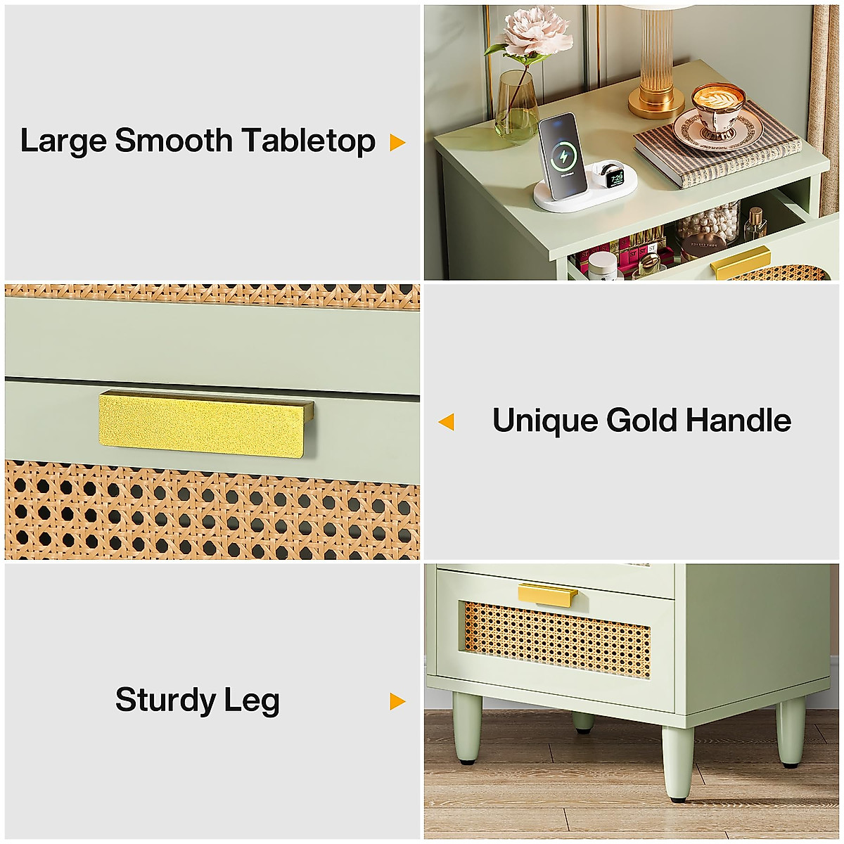 Tribesigns Mint Green Nightstand, 3-Drawer Rattan Night Stand Side Table, Accent Bedside Tables End Table for Bedroom and Small Spaces, Easy Assembly (1, Green)