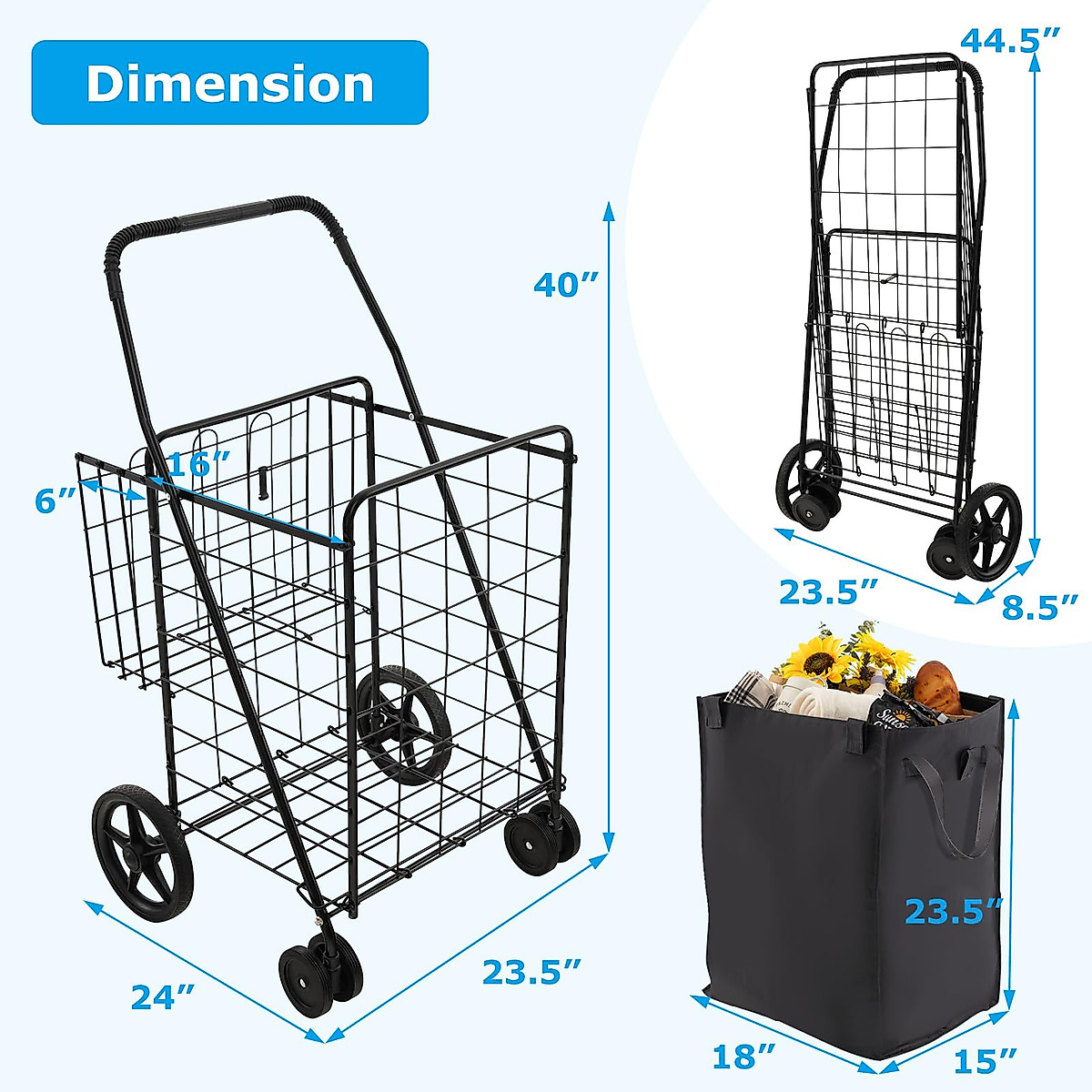 Goplus Folding Shopping Cart for Groceries, Upgraded Jumbo Grocery Cart with Waterproof Liner, 32 Gallon Capacity, 360° Rolling Swivel Wheels and Double Basket, Heavy Duty Foldable Utility Cart