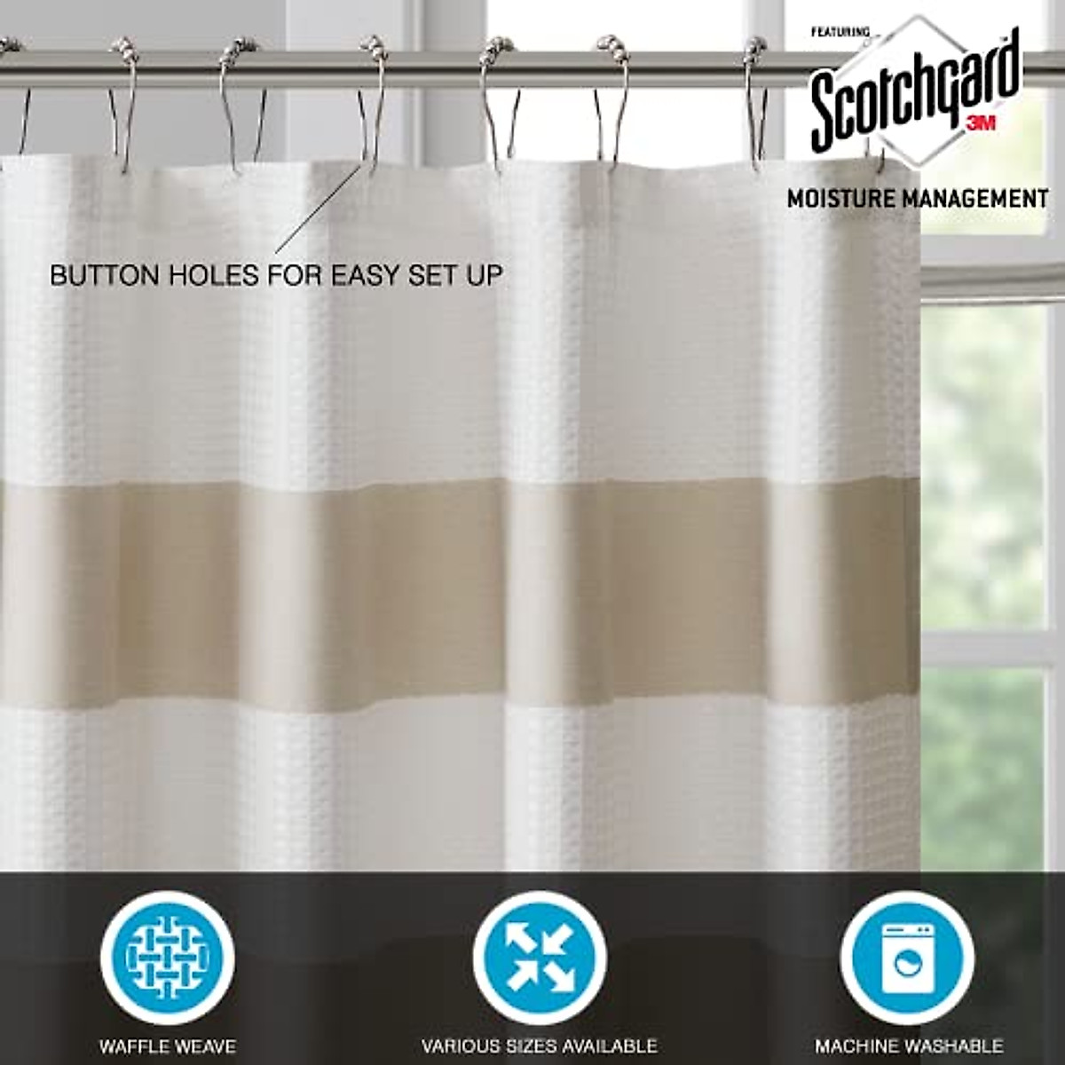 Madison Park Shower Curtain, Waffle Weave, Pieced Design Fabric Shower Curtain with 3M Scotchgard Moisture Management, Premium Spa Quality Modern Shower Curtains for Bathroom, Standard 72"x72" Taupe