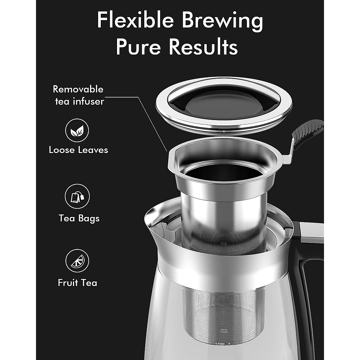 Electric Glass Tea Kettle with Infuser, 1.7L/1500W Fast Boiling, Stainless Steel, Temperature Control Tea Maker, BPA Free - Easy Lid Removal & Keep Warm Feature, Silver