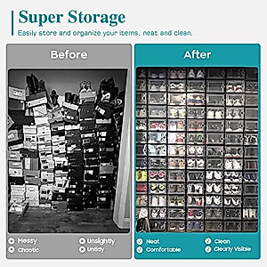 Kuject Black Shoe Organizers Storage Boxes for Closet, 12 Pack Clear Plastic Stackable Sneaker Containers Bins with Lids, Under Bed Shoe Storage for Entryway, Drop Front, Fit up to Women's Size 10