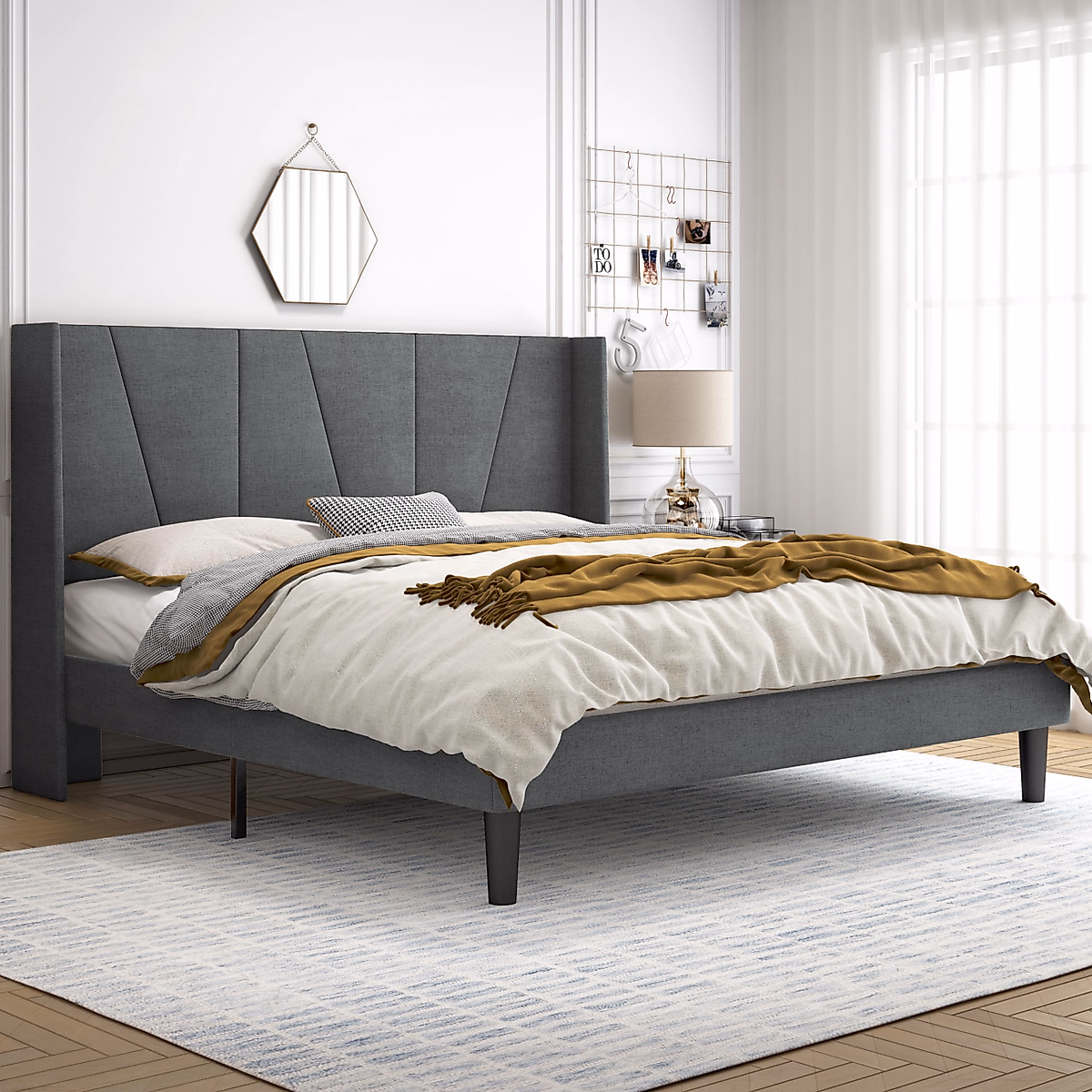 HOOMIC King Size Platform Bed Frame with Geometric Wingback Headboard, Wooden Slats Support, No Box Spring Needed, Modern Style in Dark Grey