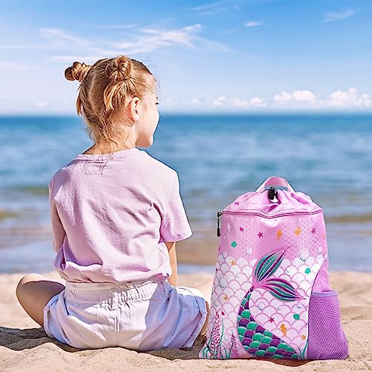 WAWSAM Mermaid Gym Drawstring Backpack String Bag - 15” × 17” Sports Gym Bag for Girls Kids Waterproof Swimming Beach Shopping Yoga Sackpack Birthday Gift with Zippered Pocket and Water Bottle Pocket