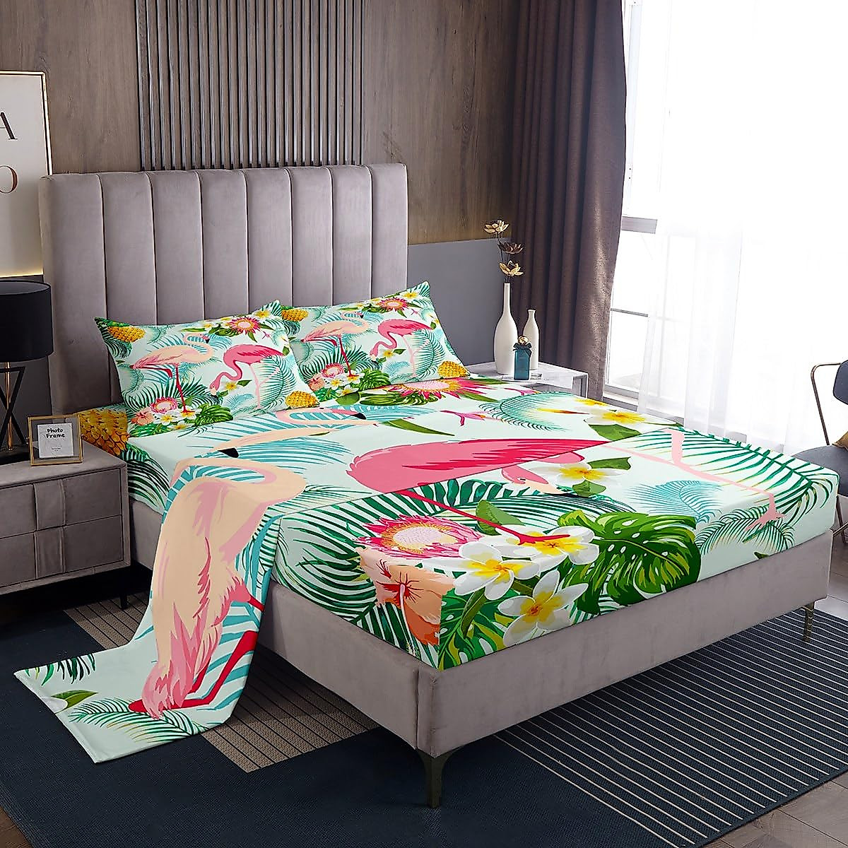 Tropical Flamingo Sheets with Deep Pocket Fitted Sheet Full Size, Pink Flamingo Sheet Set Palm Tree Print Sheets with Deep Pocket Fitted Sheet Botanical Bedding Set with 2 Pillow Case