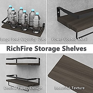 RichFire Floating Shelves Set of 2, Wall Shelves for Bathroom, Kitchen, Bedroom& Living Room, Dark Brown Shelves for Wall Décor, Shelves with Towel Bar