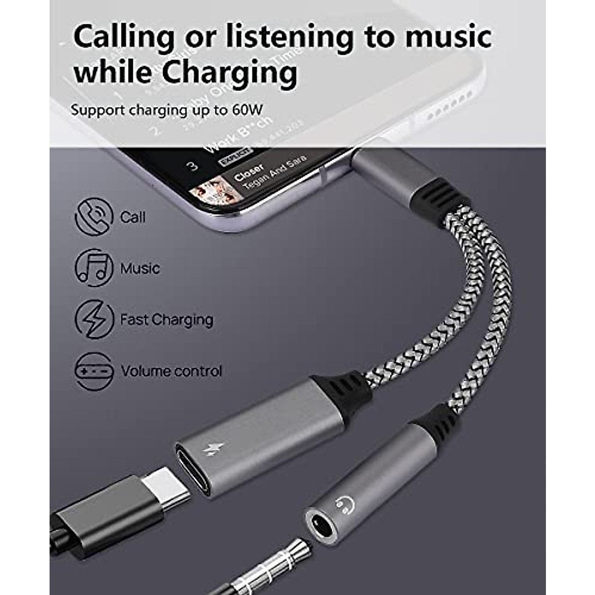 Samsung Galaxy S22 Headphone Adapter, 2 in 1 USB C to 3.5mm Headphone Jack Hi-Fi DAC with USB C 60W Fast Charging Dongle Adapter Compatible with Galaxy S22/22 Ultra/S21/S21FE/Note 20, Pixel 5/4/3/3XL