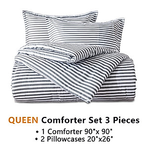 Andency Striped Comforters Queen Size Set Gray, 3 Pieces Grey Bedding Comforter Sets for Queen Bed, Soft Lightweight Fluffy Down Alternative Bed Set for Boys Men All Season