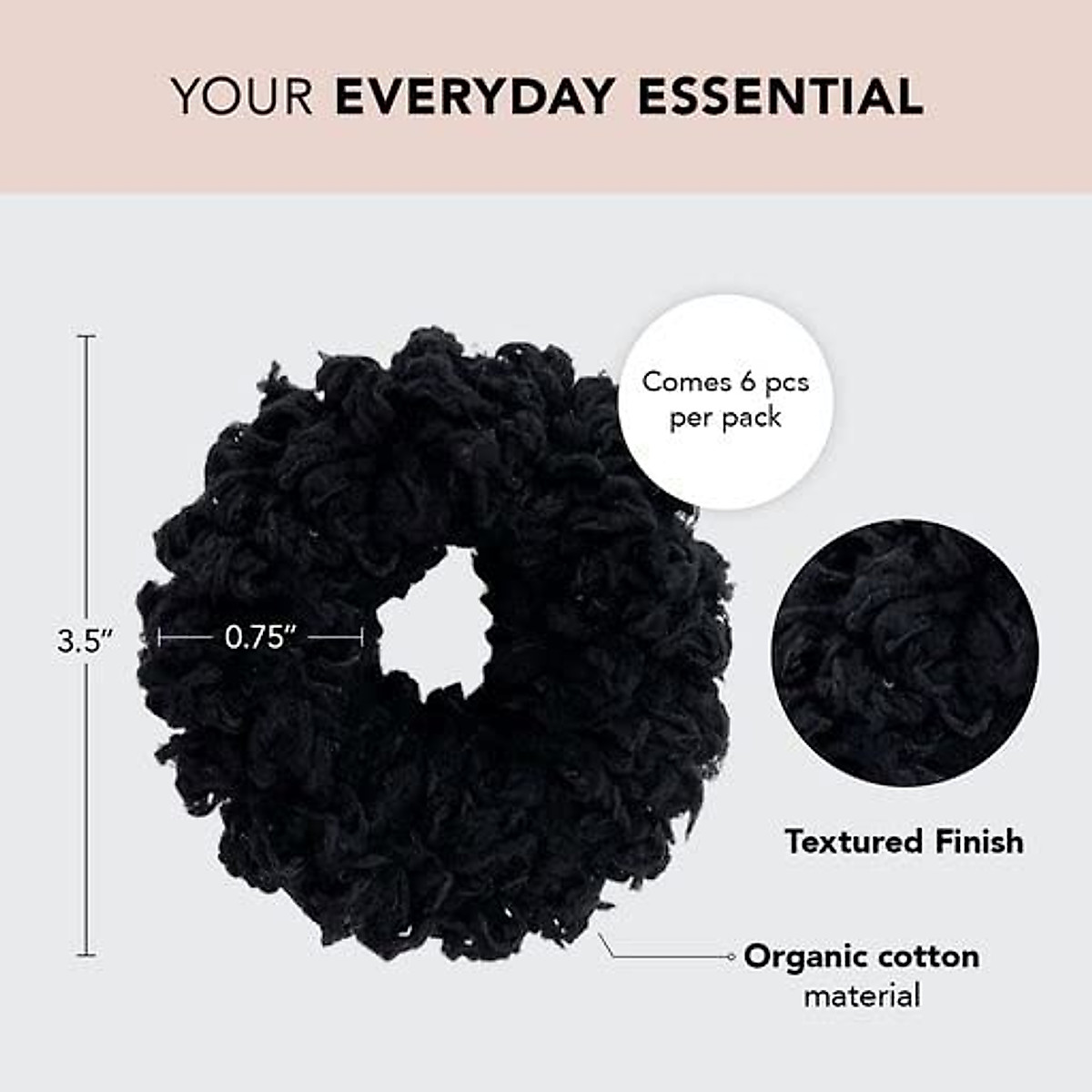 Kitsch Organic Cotton Fluffy Scrunchies - Large Hair Accessories for Women and Girls | Hair Bands & Ponytail Holders, 6pc (Black)