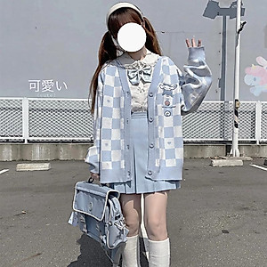 Kawaii Sweater Anime Blue Plaid Cardigan Sweaters for Women Cosplay Costume V Neck Long Sleeve Women's Button Knitted Outerwear JK Uniform M