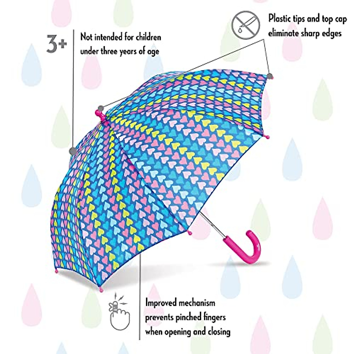 ShedRain Multicolored Heart Striped Kids Umbrella - Pinch-Proof, Easy Grip Handle - Compact Children's School & Travel Umbrella with Large 33" Arc, Heavy Duty Steel Shaft & Fiberglass Ribs