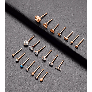 Tornito 20G 20Pcs Nose Ring CZ Nose Stud Retainer Bone Labret Nose Piercing Jewelry Set Stainless Steel Rose Gold Tone