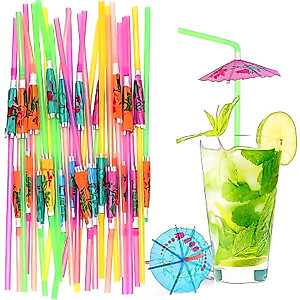 QUMENEY 100PCS Umbrella Drinking Straws, Plastic Party Drink Straws, Tropical Hawaiian Flexible Bendy Cocktail Straws Beach Luau Bar Birthday Decorations Supplies for Drinkware
