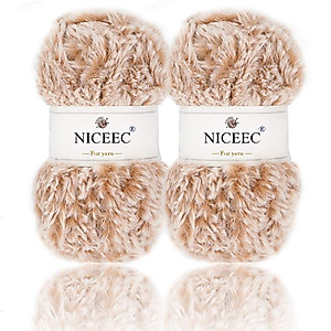 NICEEC 2 Skeins Super Soft Fur Yarn Chunky Fluffy Faux Fur Yarn Eyelash Yarn for Crochet Knit-Total Length 2×32m(2×35yds,50g×2)-Khaki
