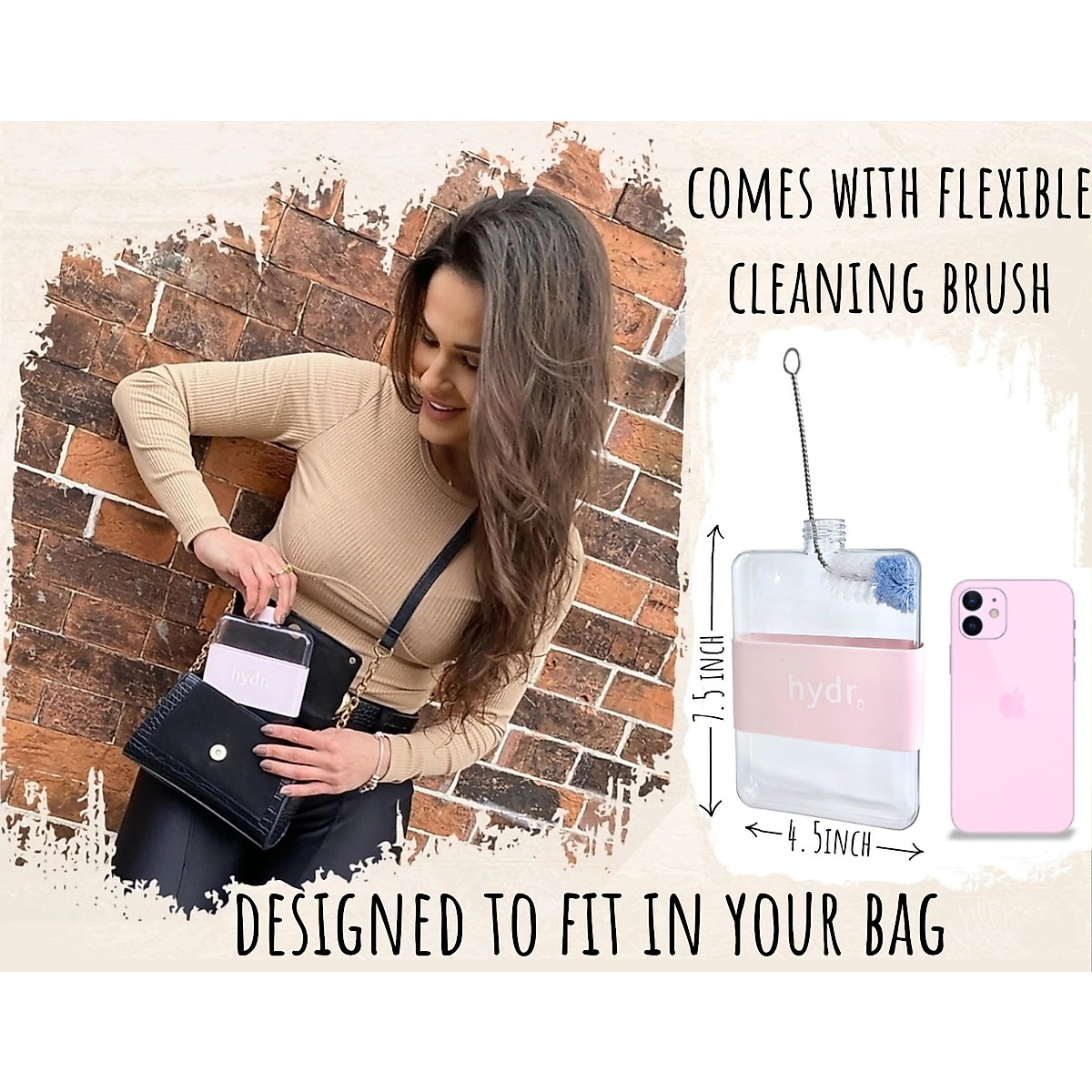 hydr | 15oz Flat Water Bottle For Purse & Flexible Cleaning Brush | BPA Free Square Water Bottle | Leak/Drop Proof Slim Water Bottles For Travel, small water bottle